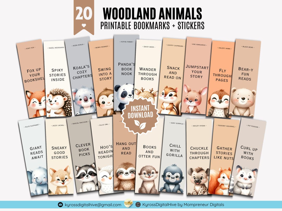 20 Woodland Animals Printable Bookmarks Watercolor Woodland Animals ...