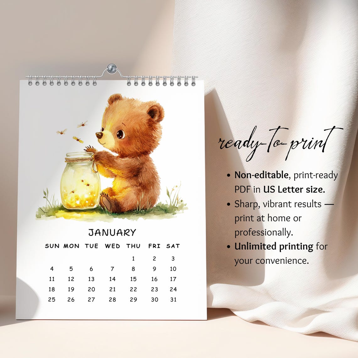 Printable 2026 Woodland Animals Calendar for Kids, Animal Illustrations ...