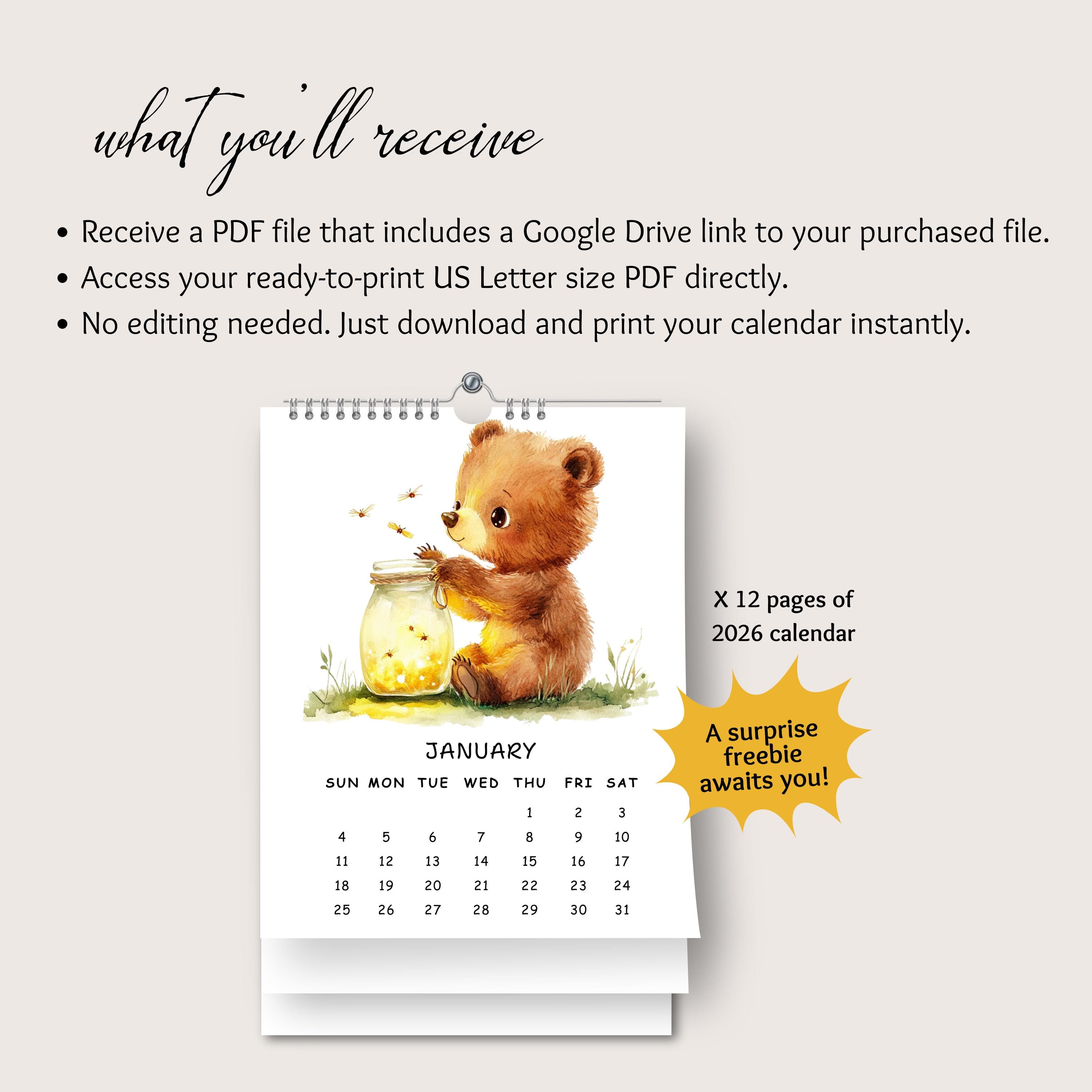 Printable 2026 Woodland Animals Calendar for Kids, Animal Illustrations ...