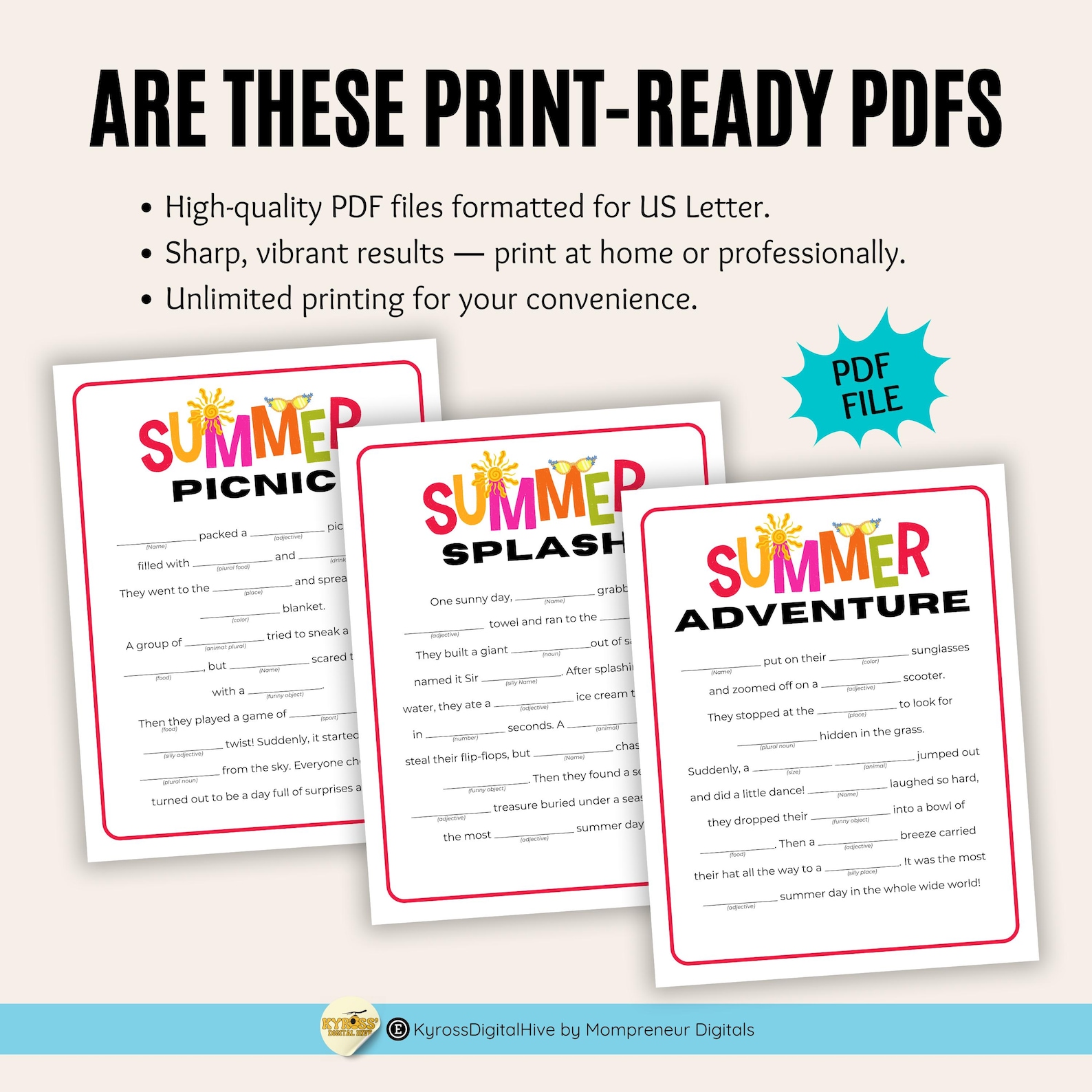 5 Printable Summer Mad Libs, Summer Mad Libs Activity Games, Summer Mad ...