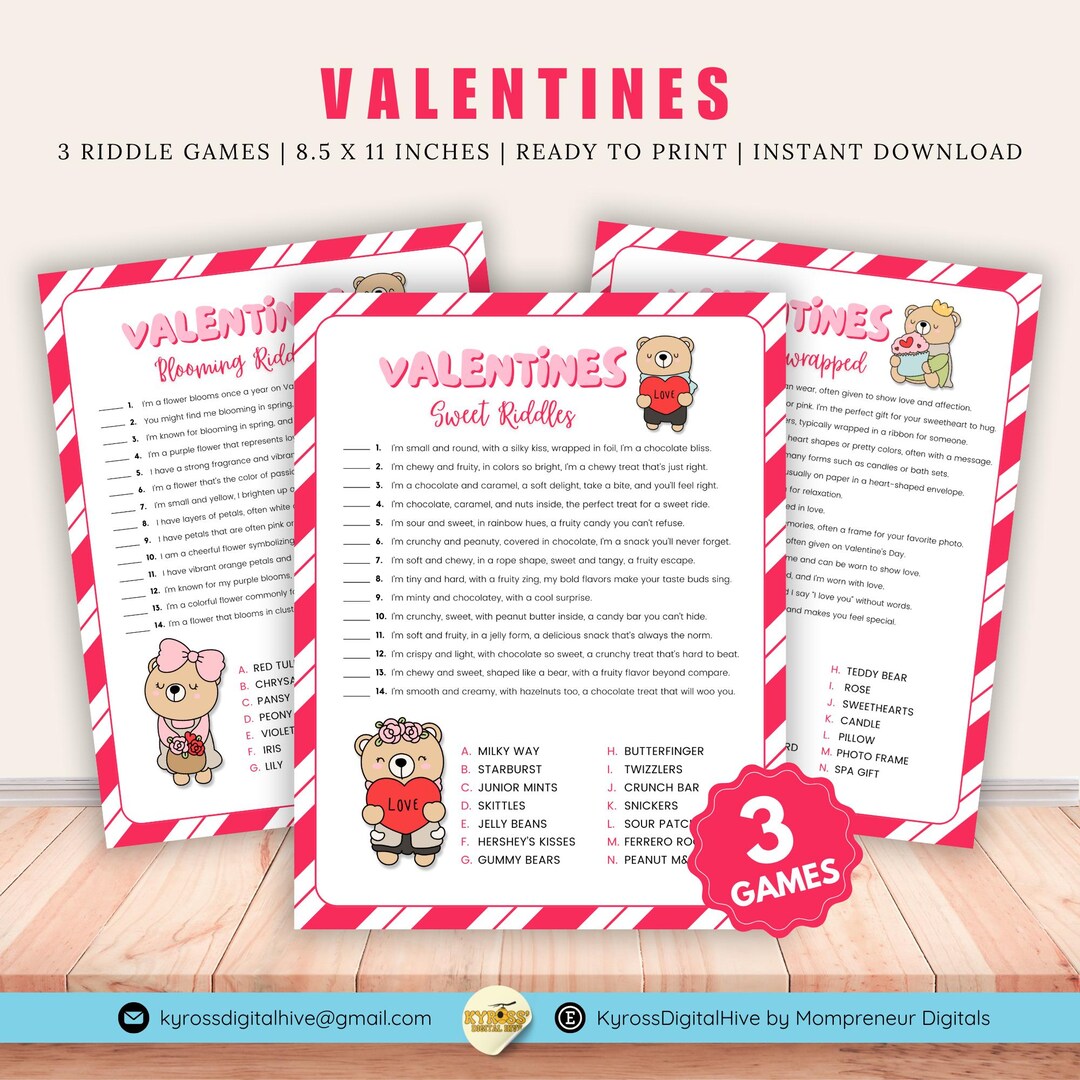 3 Valentines Day Riddles Game, Valentines Party Games, Printable ...