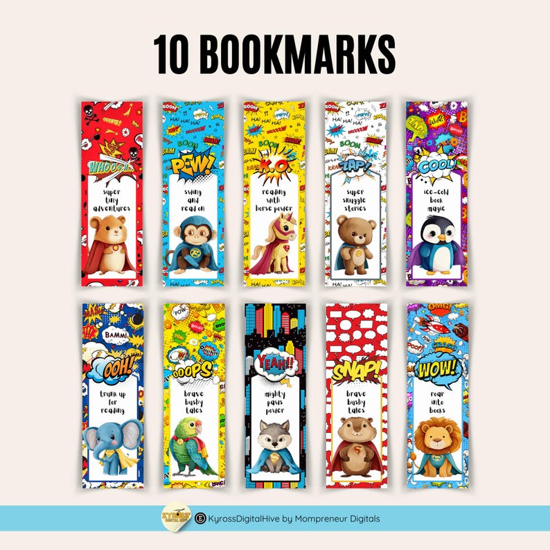 10 Superhero Animals Printable Bookmarks, Printable Bookmarks for Kids ...