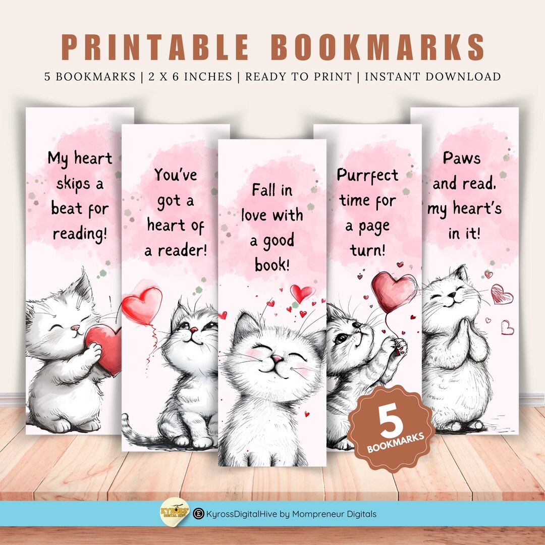 5 Cute Cat Printable Bookmarks, Cat Bookmarks, Printable Bookmarks for ...