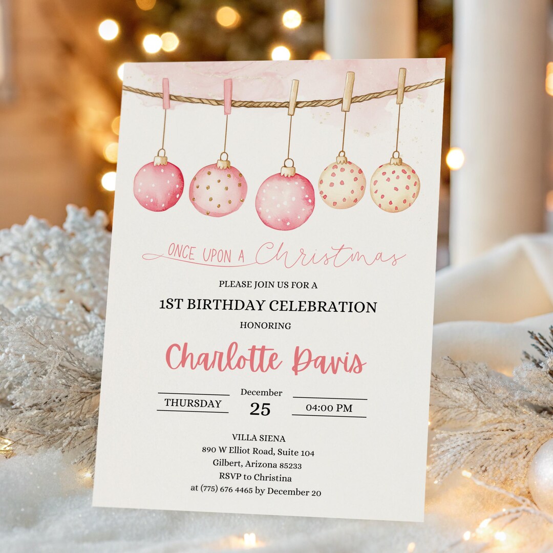 Editable Pink Christmas First Birthday Invitation, Onederful Time of ...