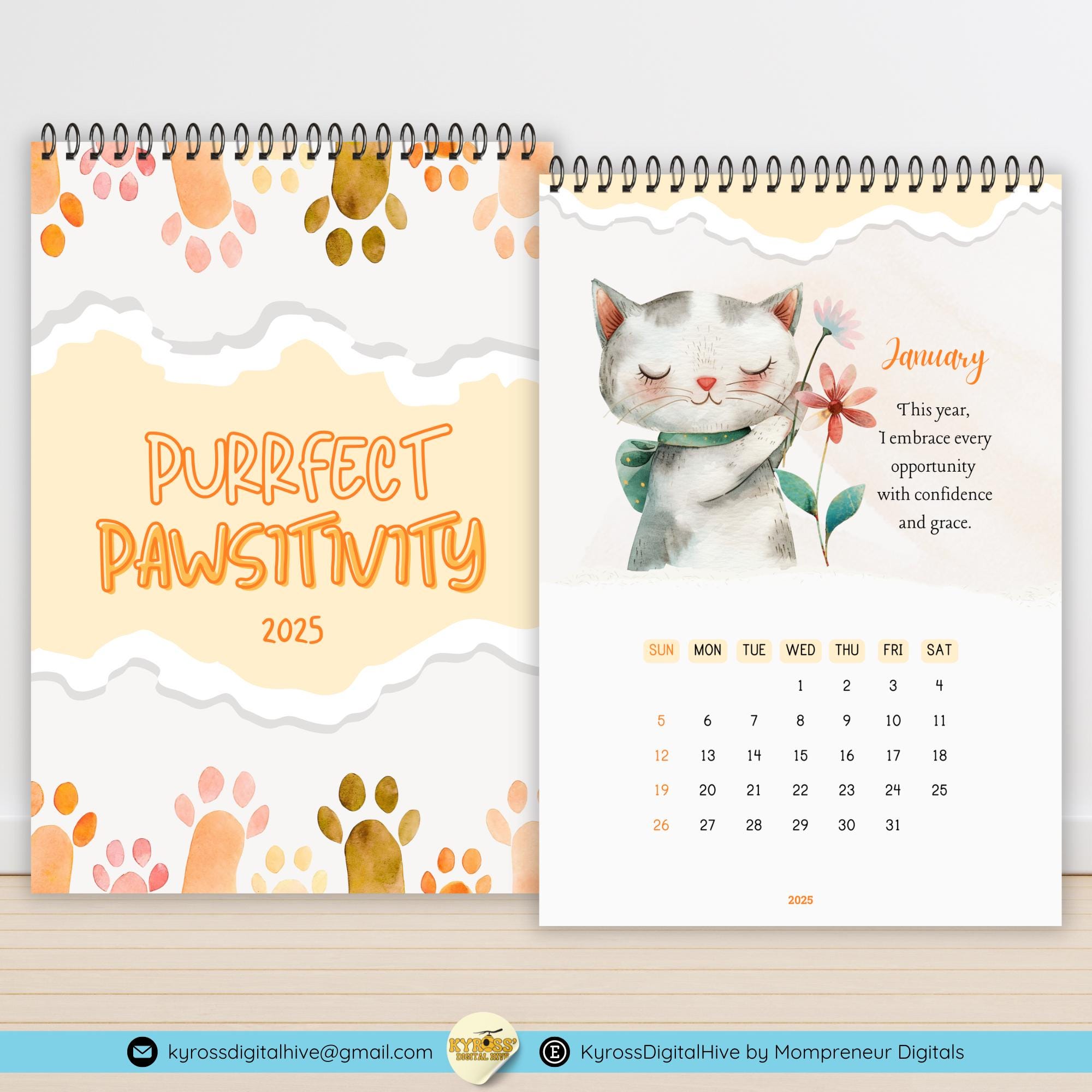 2025 Illustrated Cat Calendar Printable Aesthetic 2025 Calendar 2025 ...