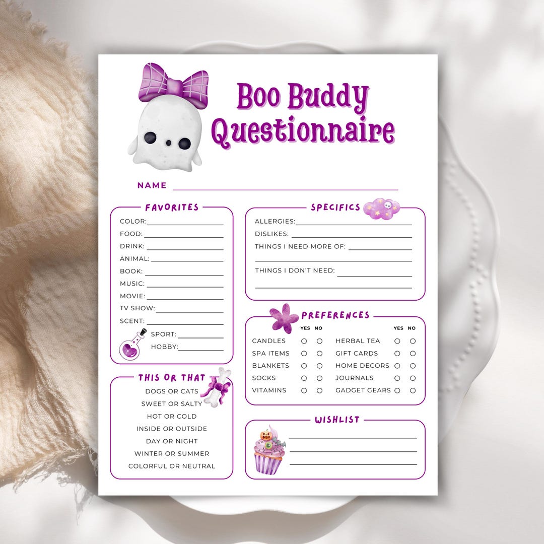 Boo Buddy Questionnaire Printable, Halloween Gift Exchange Game, Secret ...