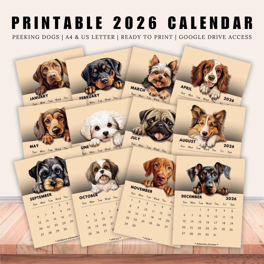 Printable 2026 Illustrated Peeking Dogs Calendar, 2026 Calendar for ...