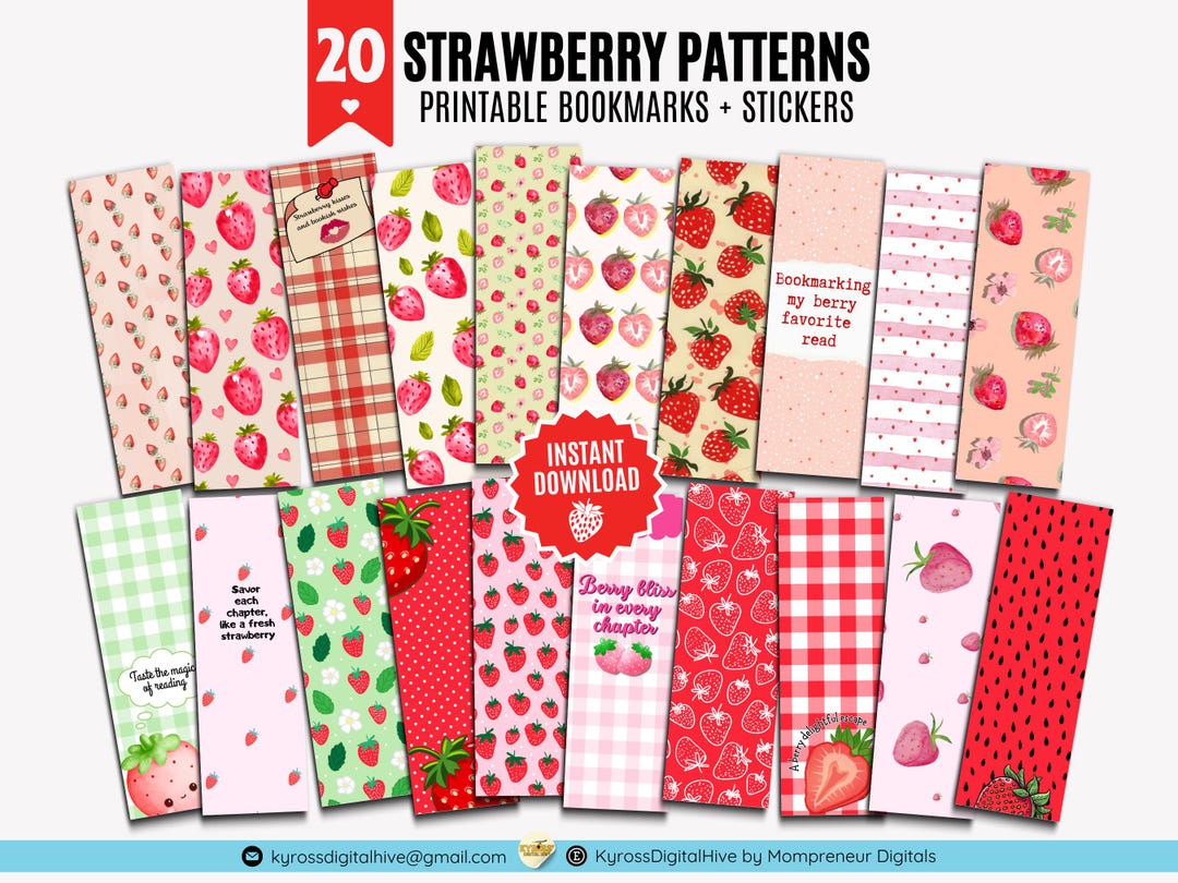 20 Strawberry Pattern Printable Bookmarks Watercolor Seamless ...