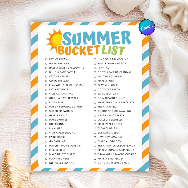 Customizable Summer Bucket List, Printable PDF and Editable Summer ...