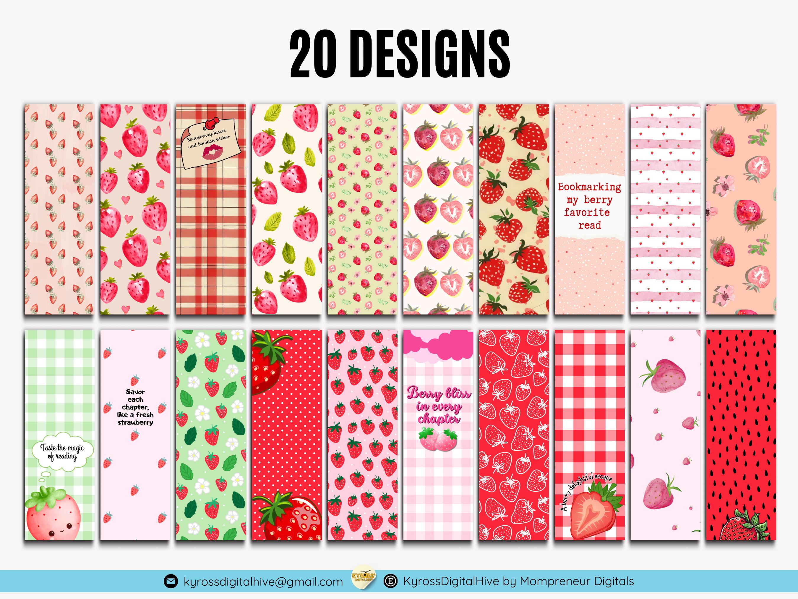 20 Strawberry Pattern Printable Bookmarks Watercolor Seamless ...