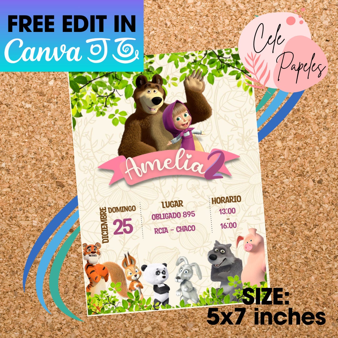 Invitation Digital CANVA Editable Masha and the Bear - Etsy