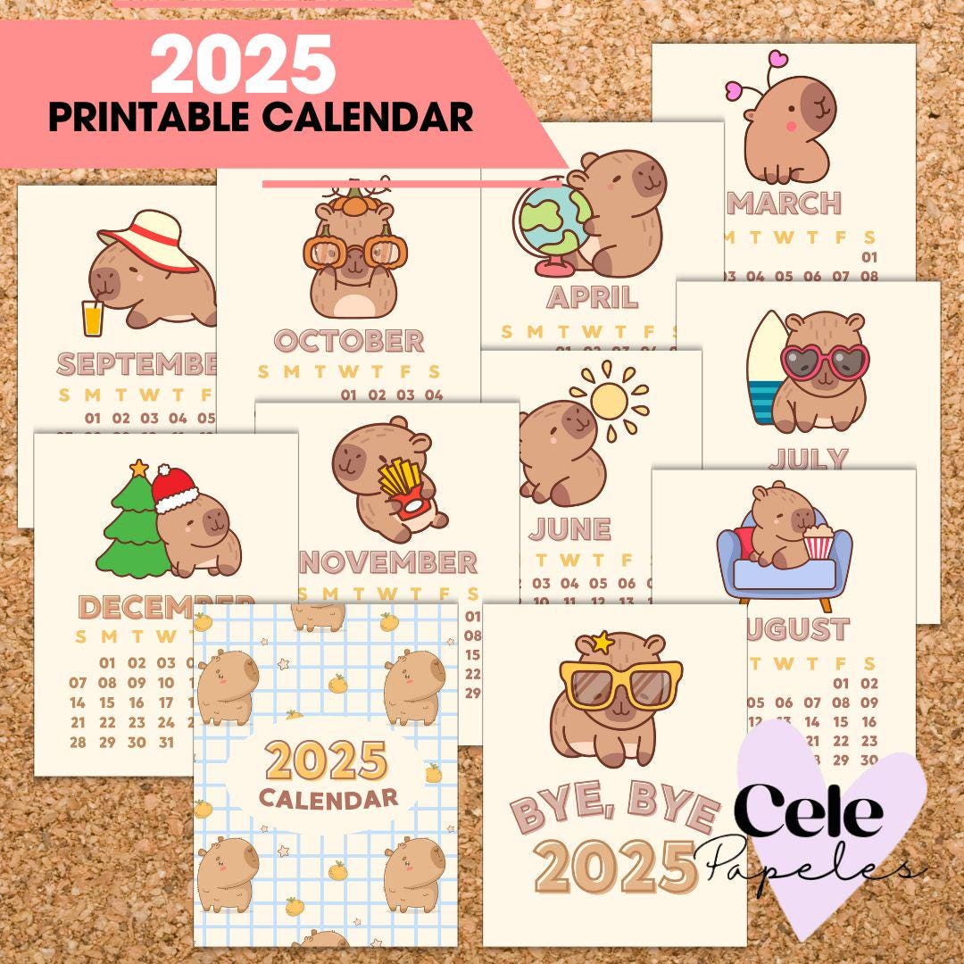 Calendar 2025 Printable Capybara, Cute Calendar 2025 Capybara CANVA - Etsy