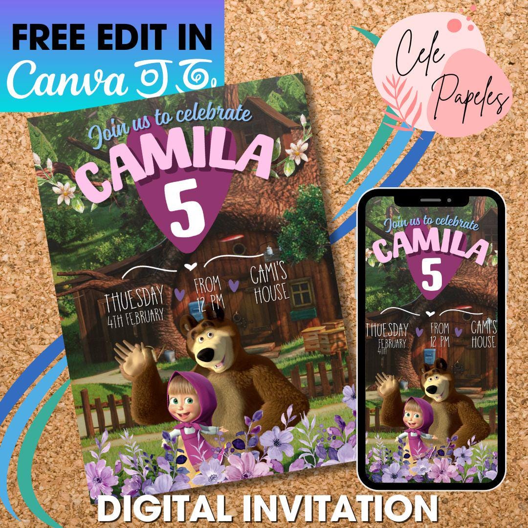 Invitation Digital CANVA Editable Masha and the Bear - Etsy