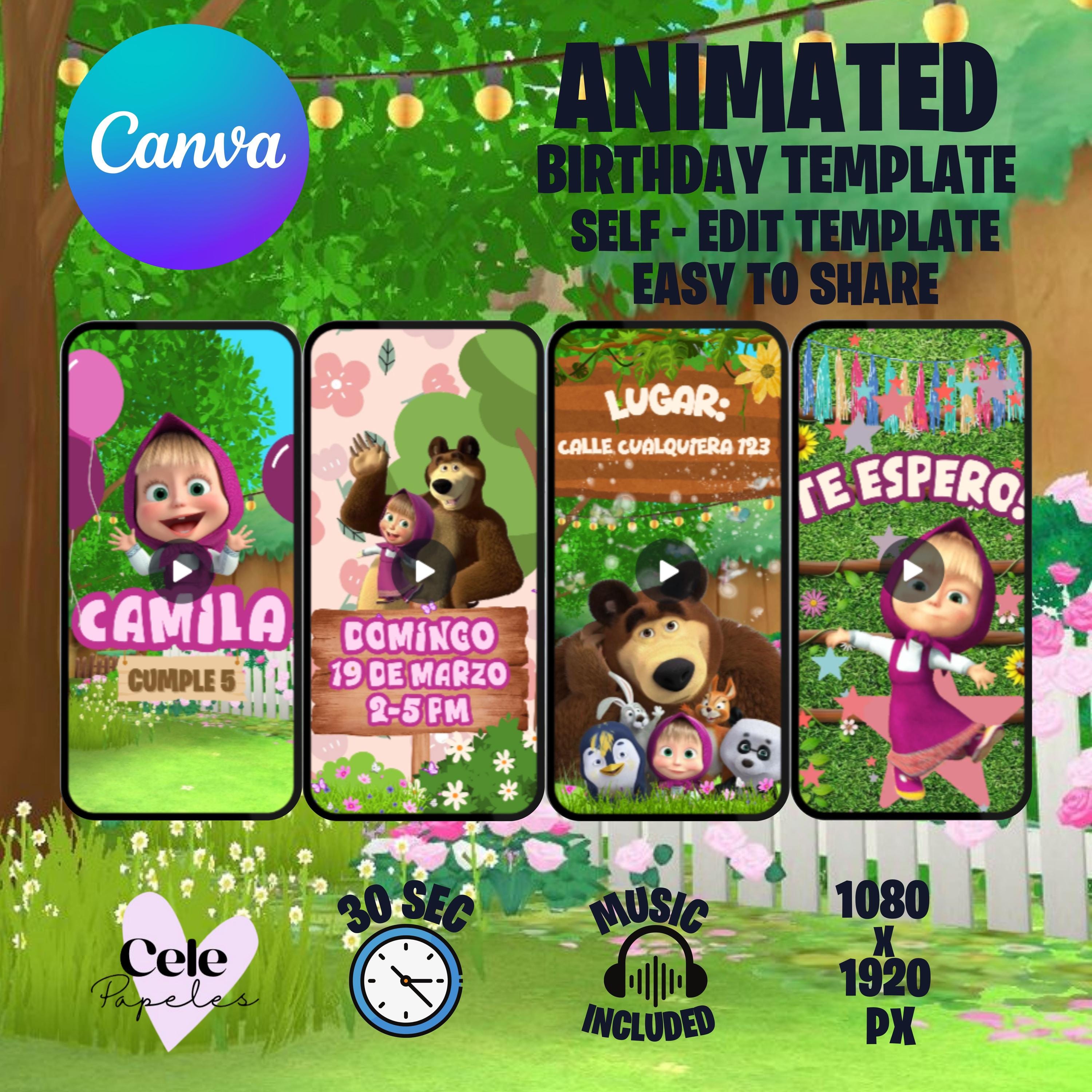 Masha and the Bear Invitation Video Animated, Easy Edit Template CANVA ...