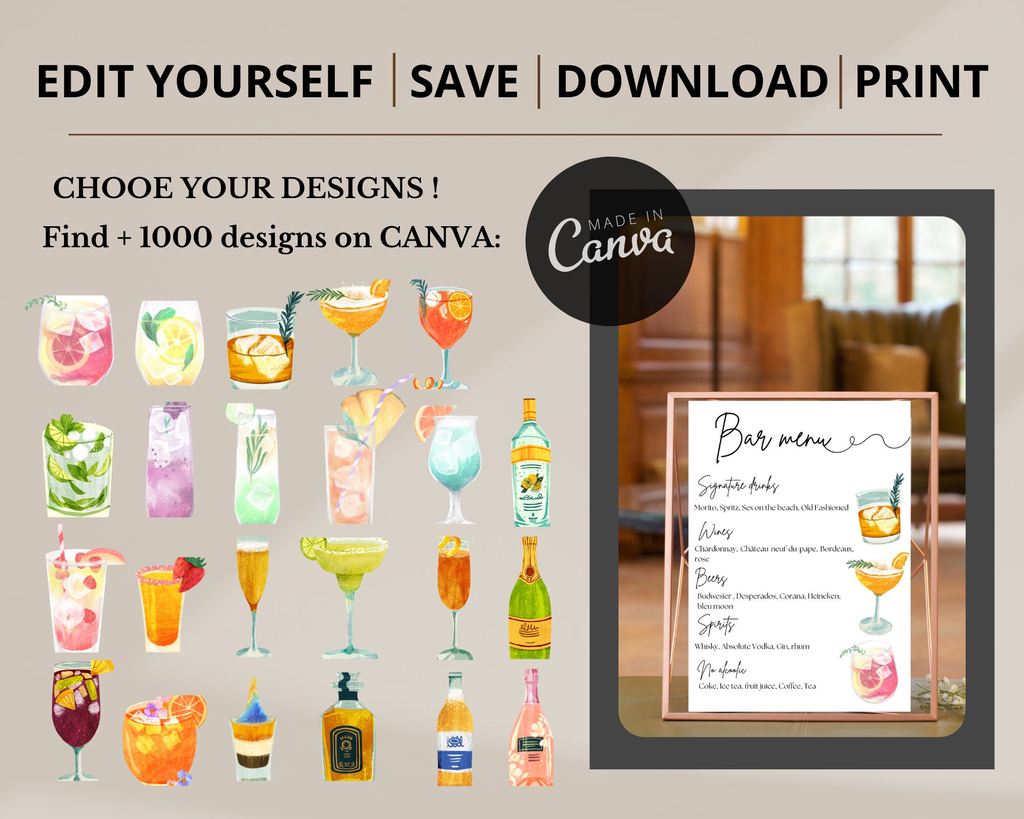 Signature Drink Sign, Bar Menu Template,, Modern Editable Drink Menu ...