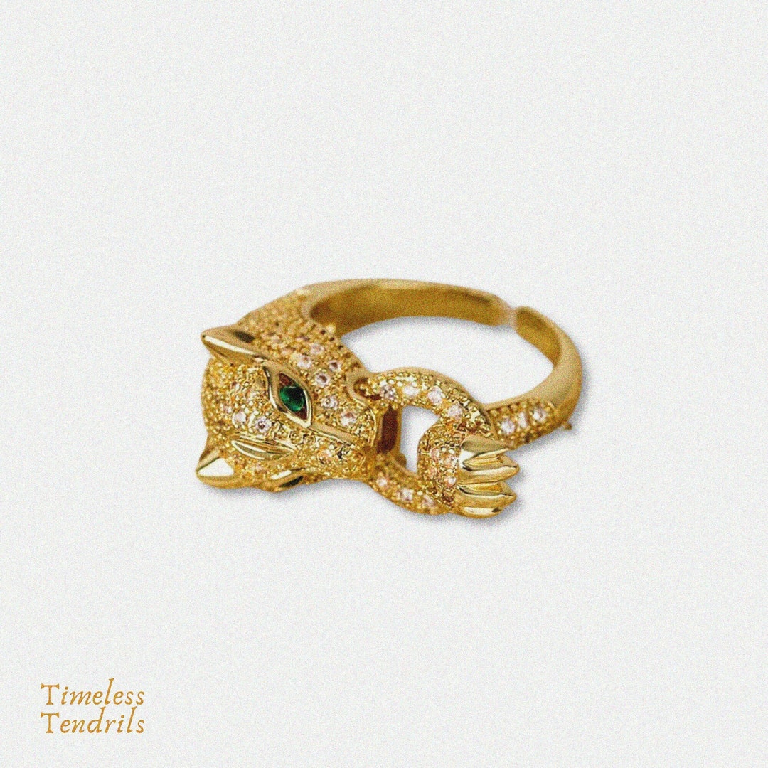Gold Panther Simulated Diamond Vintage Ring Emerald Micro Pave Set ...