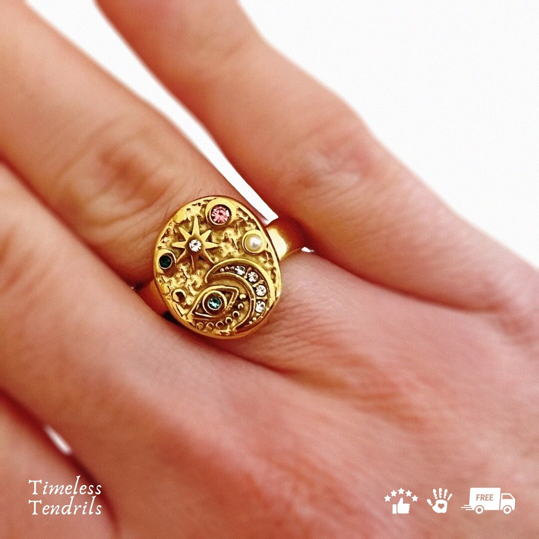 Gold Celestial Ring With Eye, Moon, Star Colorful Engraved Stone and ...