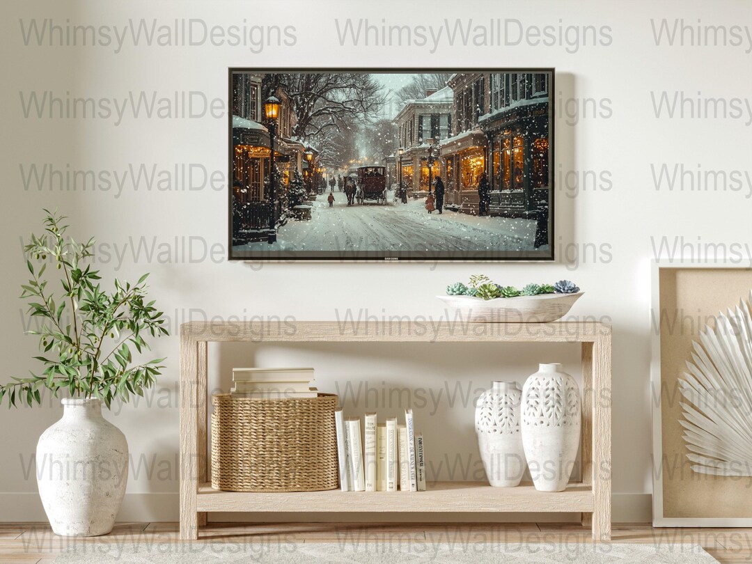 Vintage Christmas Scene Art for Frame TV, Nostalgic Winter Village ...