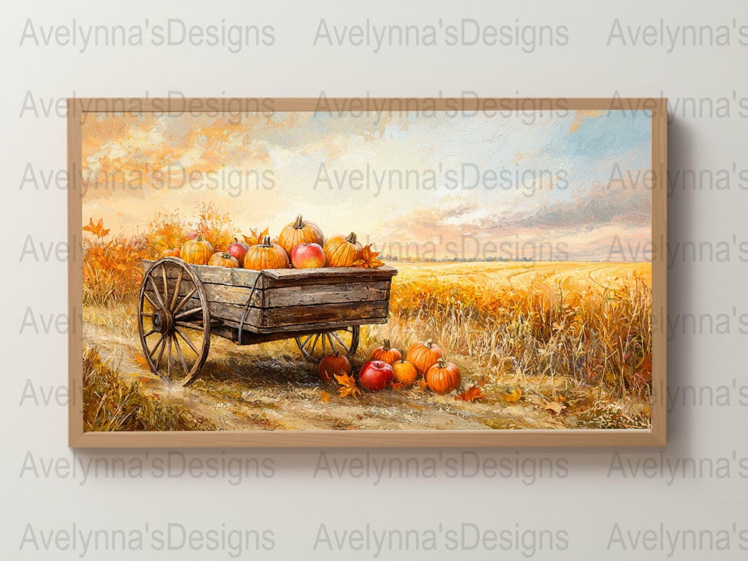 Fall Harvest Pumpkin Cart Wall Art, Autumn Landscape Frame TV Art Decor ...