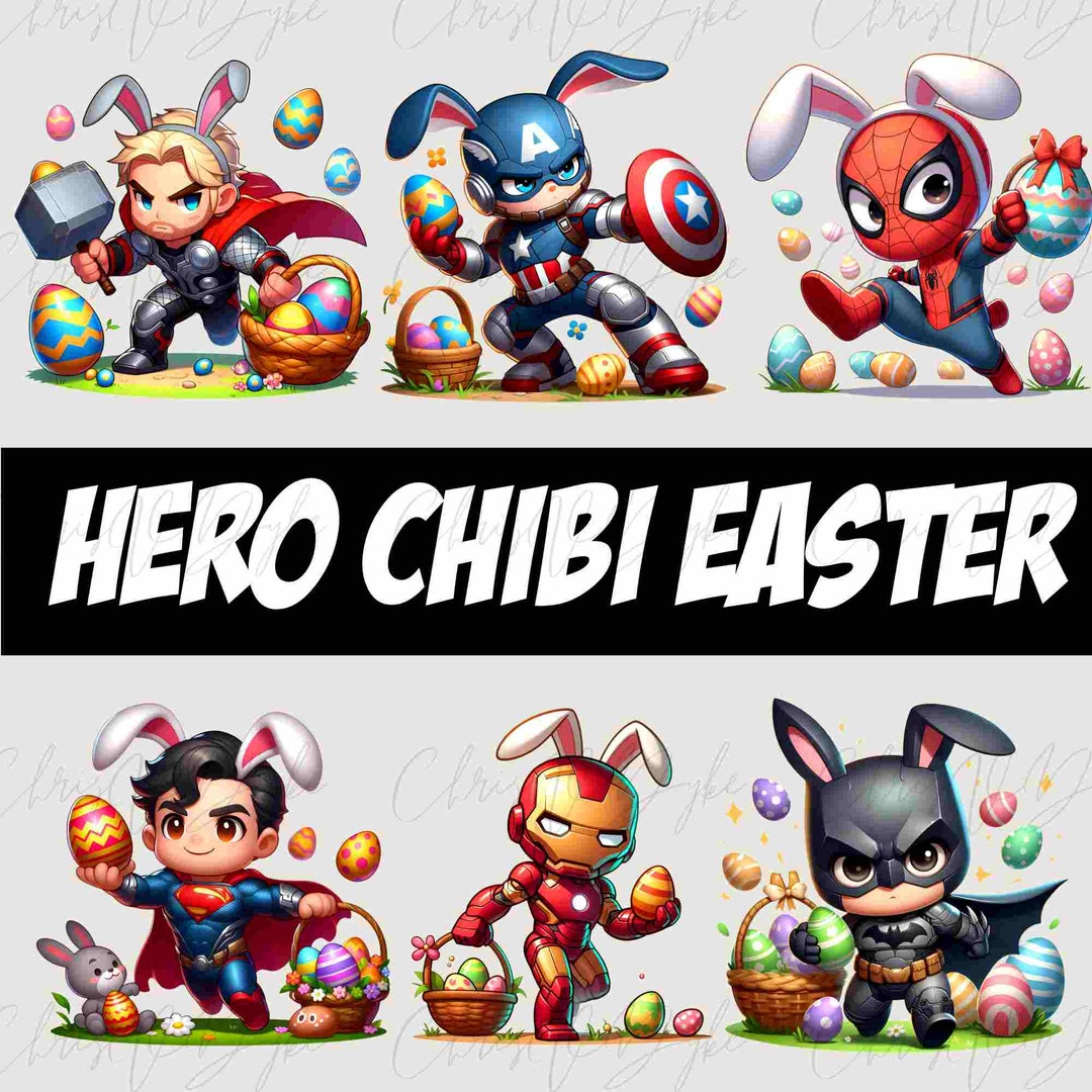 Chibi Superhero Easter Cartoon Png Bundle, Superhero Movie Character ...