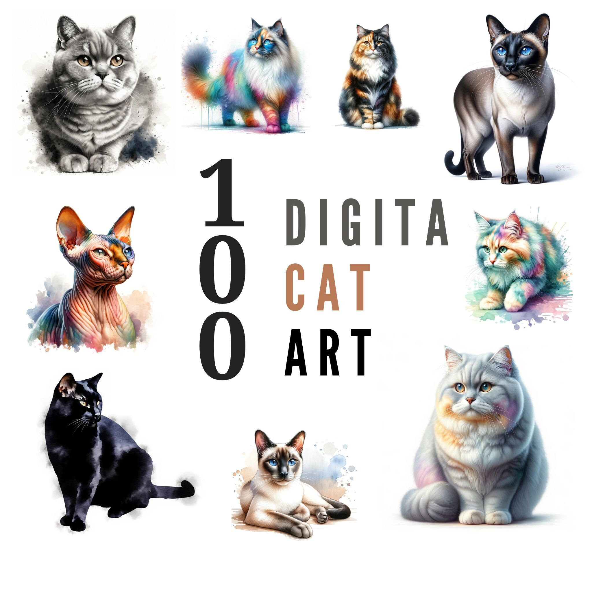 100 Cat Digital Art, Digital Wall Art, Digital Cat Art, Digital Print ...