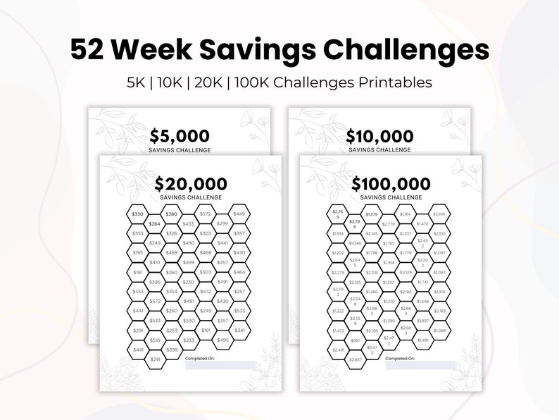 5K/10K/20K/100K Savings Challenge 52 Weeks Printable PDF Savings Tracker, 5000 10000 20000 ...