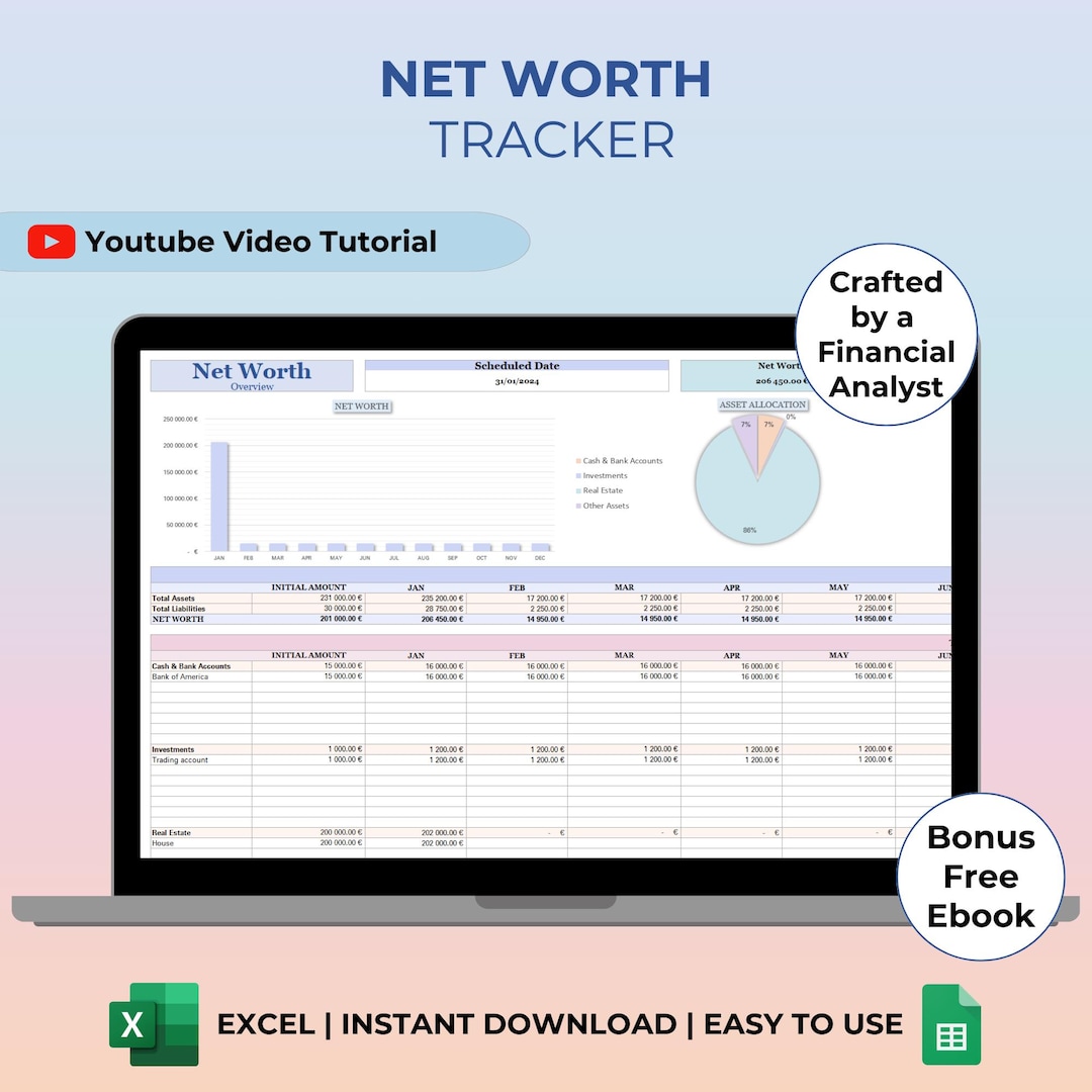 Net Worth Tracker Spreadsheet Google Sheets Excel, Net Worth Calculator ...