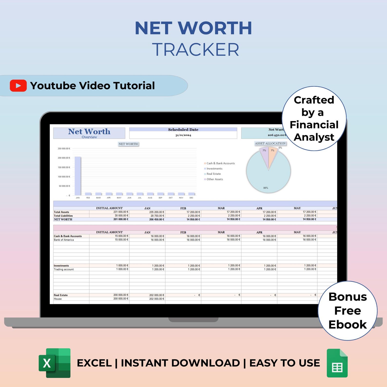Net Worth Tracker Spreadsheet Google Sheets Excel, Net Worth Calculator ...