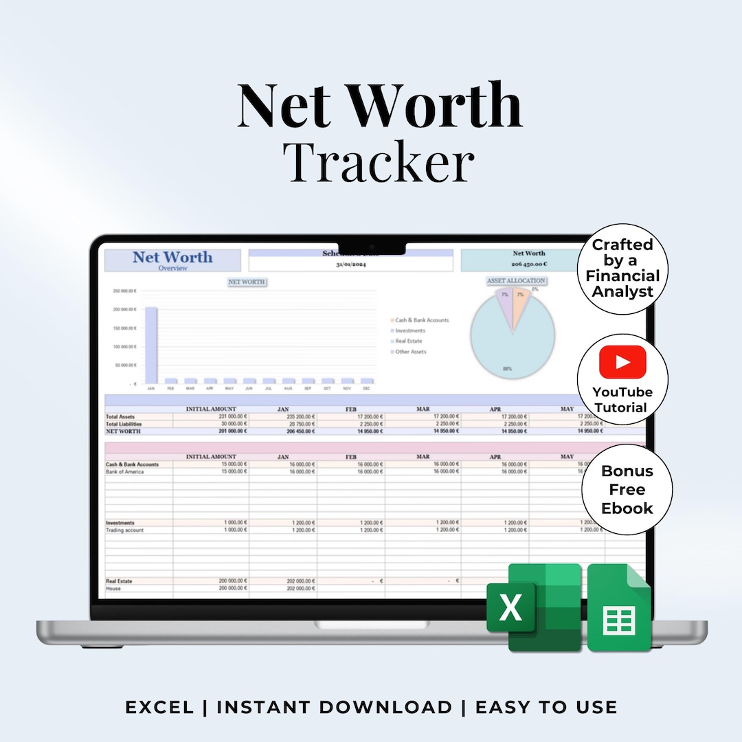 Net Worth Tracker Spreadsheet Google Sheets Excel, Net Worth Calculator ...