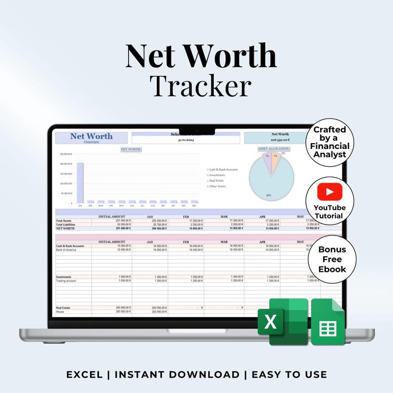 Net Worth Tracker Spreadsheet Google Sheets Excel, Net Worth Calculator ...