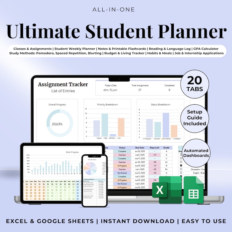 Ultimate Student Planner Spreadsheet Excel Google Sheets Assignment ...