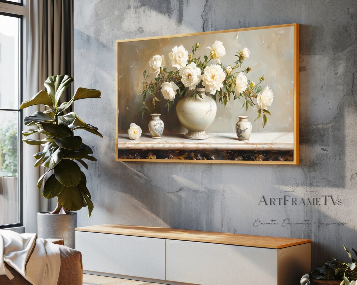 Vintage Still Life Oil Painting of White Roses in a Vase for the Frame ...