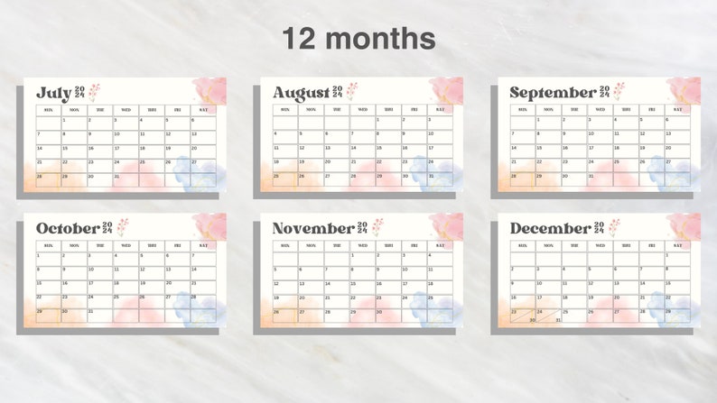 2024 Monthly Calendar Printable Cute Watercolor Theme Customizable - Etsy