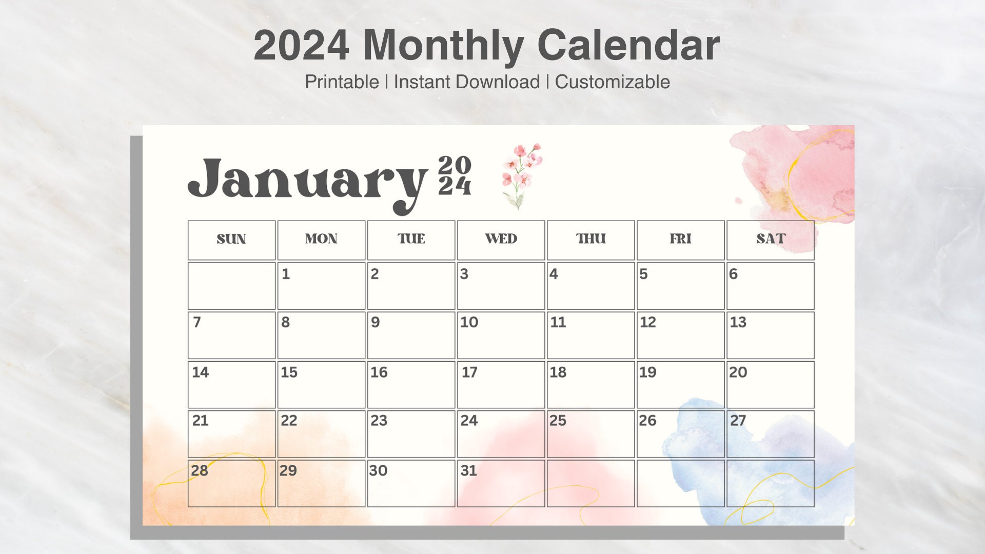 2024 Monthly Calendar Printable Cute Watercolor Theme Customizable - Etsy