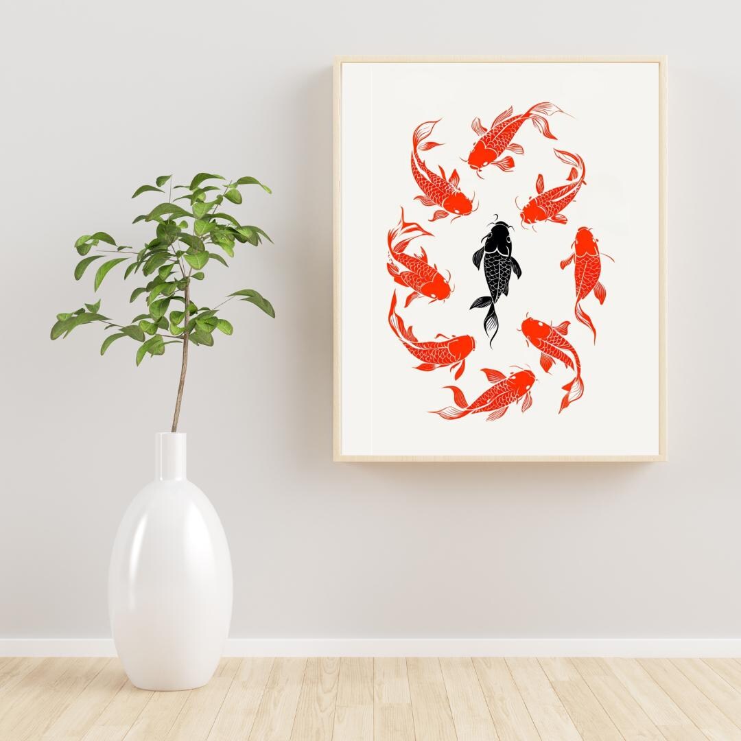 Red and Black Koi Print, Japanese Lucky Fish Poster, Vintage Print ...