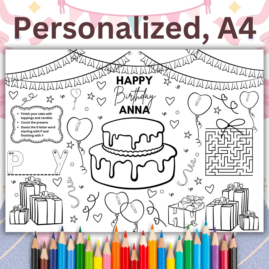 Birthday Party Coloring Placemat for Kids Personalized Template ...