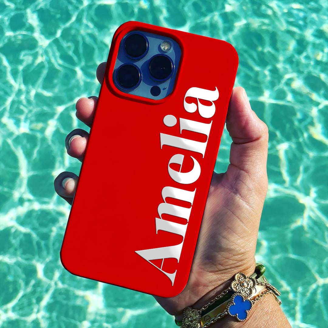 Personalized Red iPhone Case Embossed Glossy Name Red Silicone Custom ...