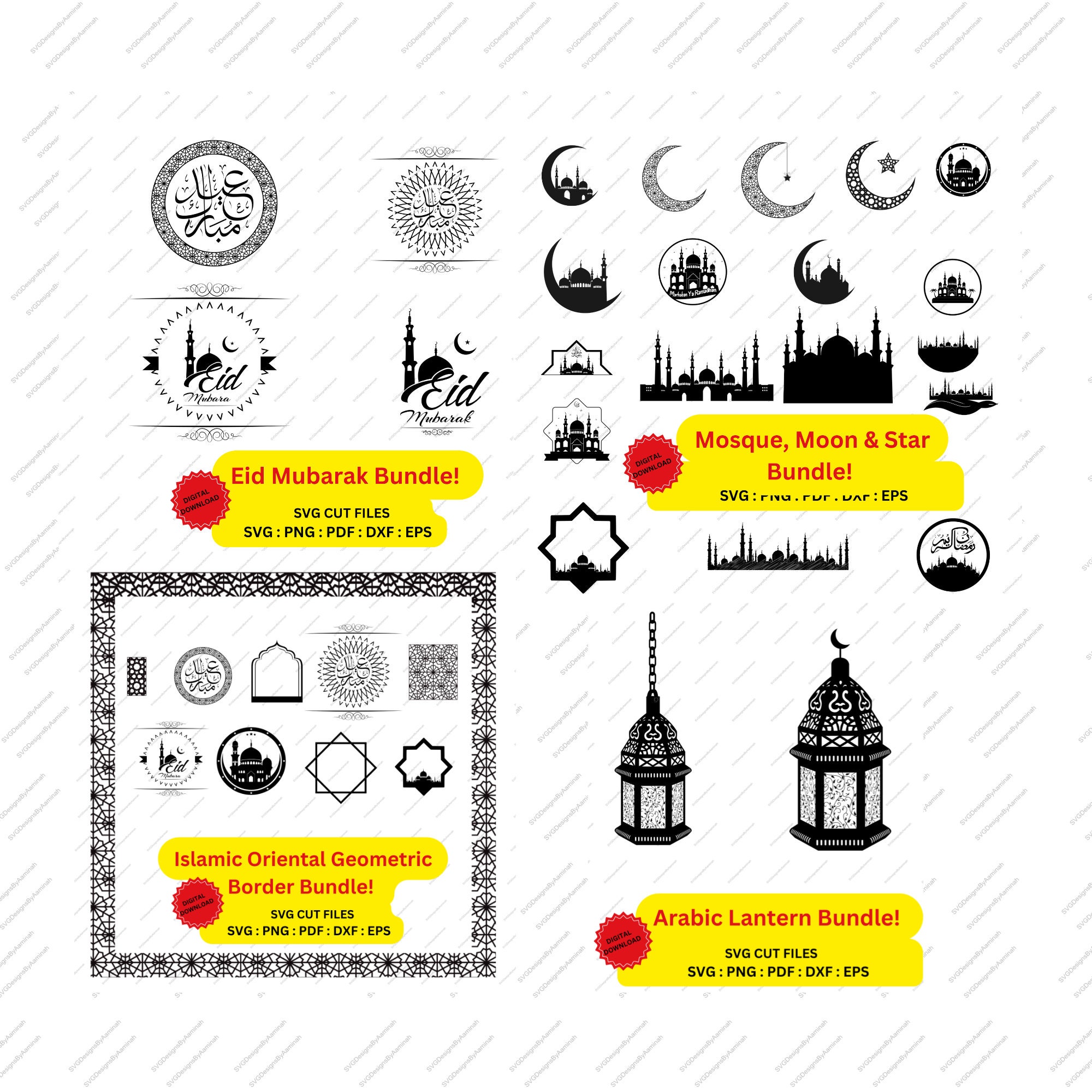 ISLAMIC BUNDLE: Moon and Star, Mosque, Lantern, Borders SVG, Vector Cut ...