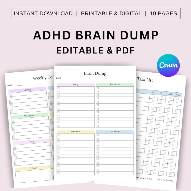 Editable ADHD Brain Dump Templates, Printable ADHD Planner, ADHD ...