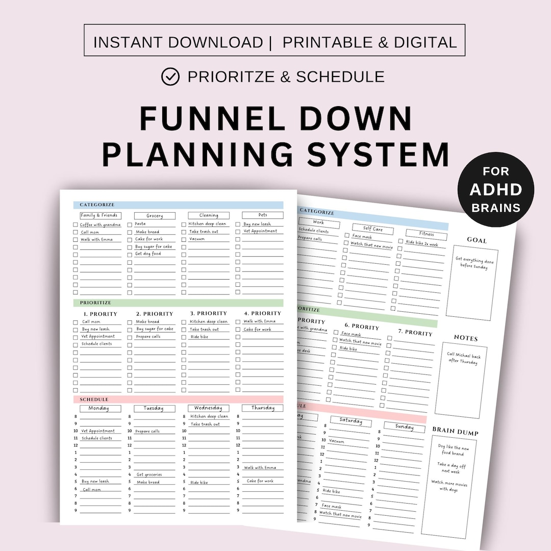 Funnel Down Planning System, Adult ADHD Planner, Executive Dysfunction ...