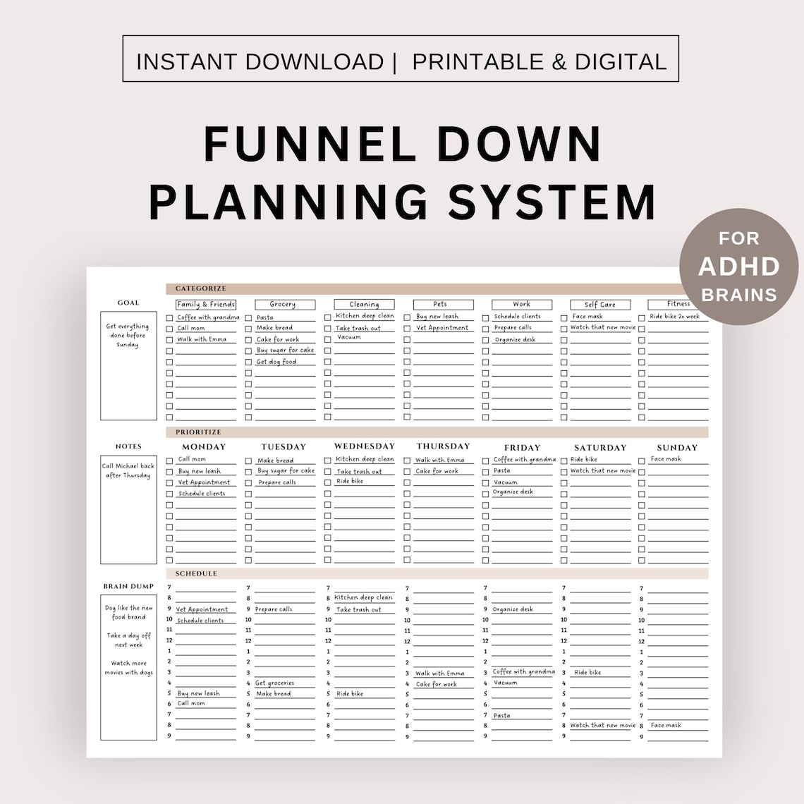 1-2-3 Funnel Down Planning System, Adult ADHD Planner, Executive ...