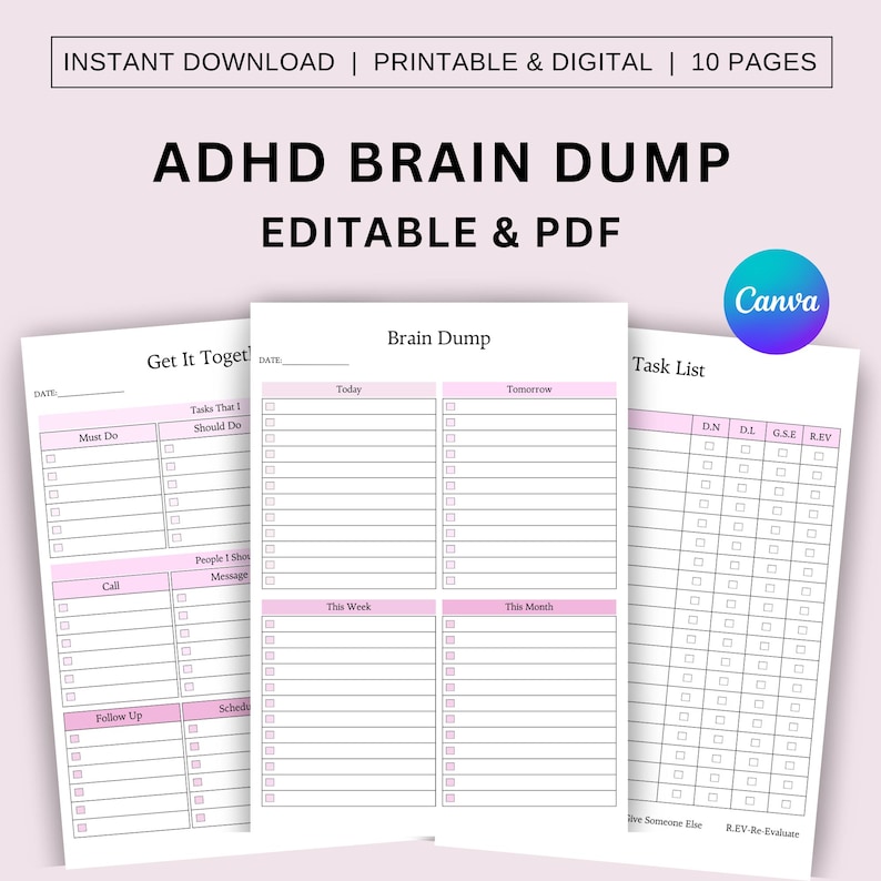 Editable ADHD Brain Dump Templates, Printable ADHD Planner, ADHD ...