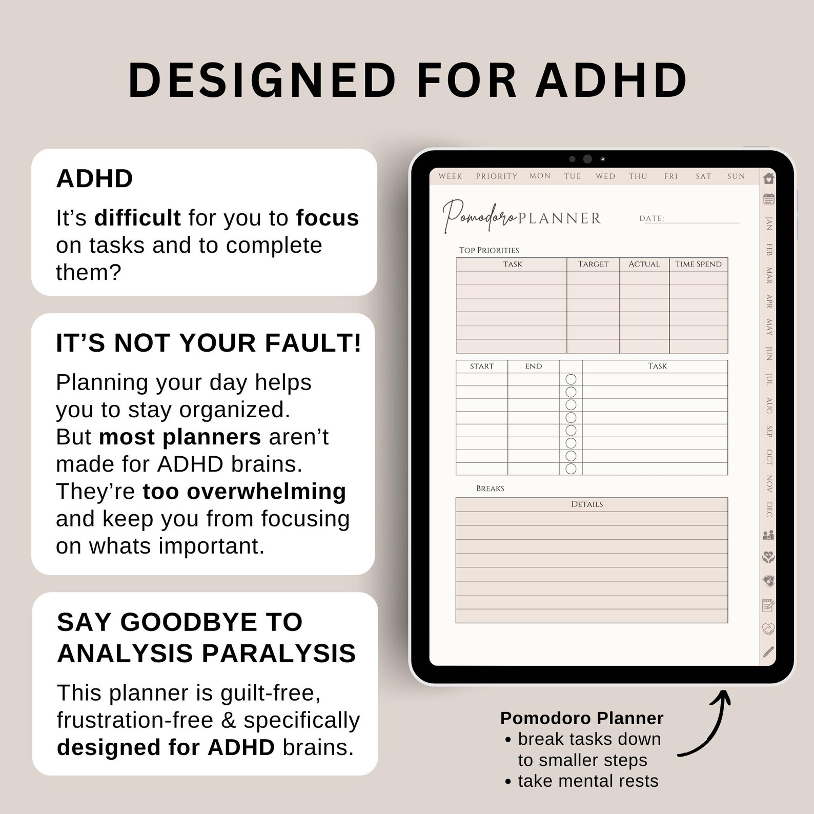 ADHD Digital Planner, Undated ADHD Planner, iPad & Android Digital ...