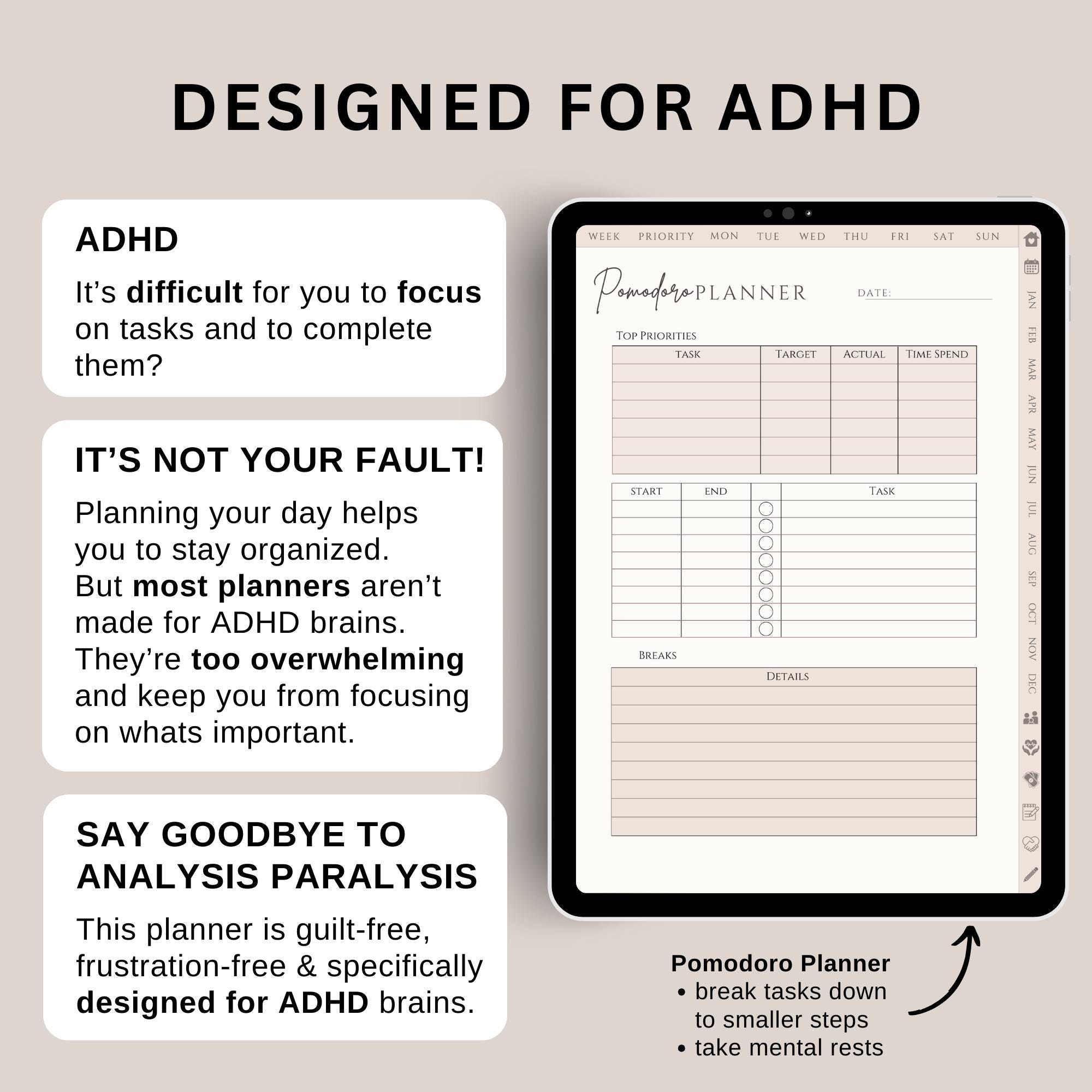 ADHD Digital Planner, Undated ADHD Planner, iPad & Android Digital ...