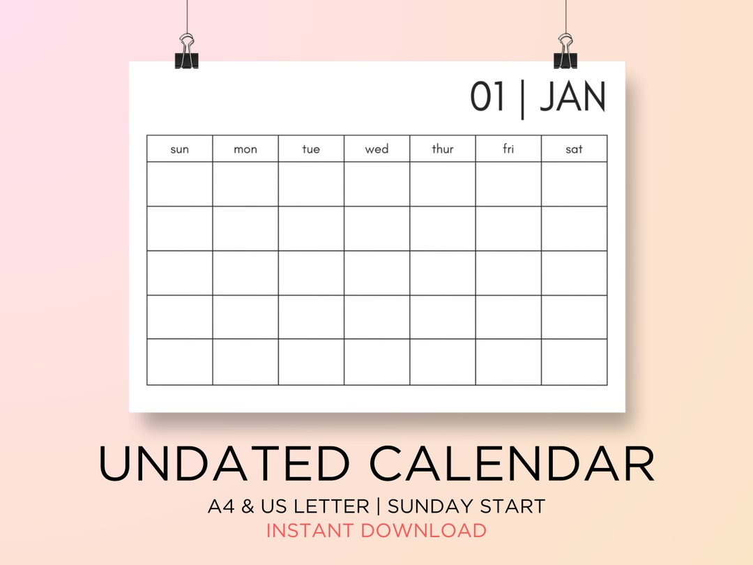 Printable Calendar Undated Minimalist Landscape Letter, A4 Sizes Sunday ...