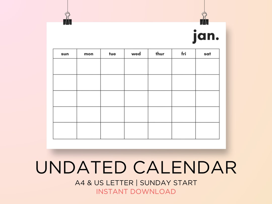 Printable Calendar Undated Minimalist Landscape Letter, A4 Sizes Sunday ...