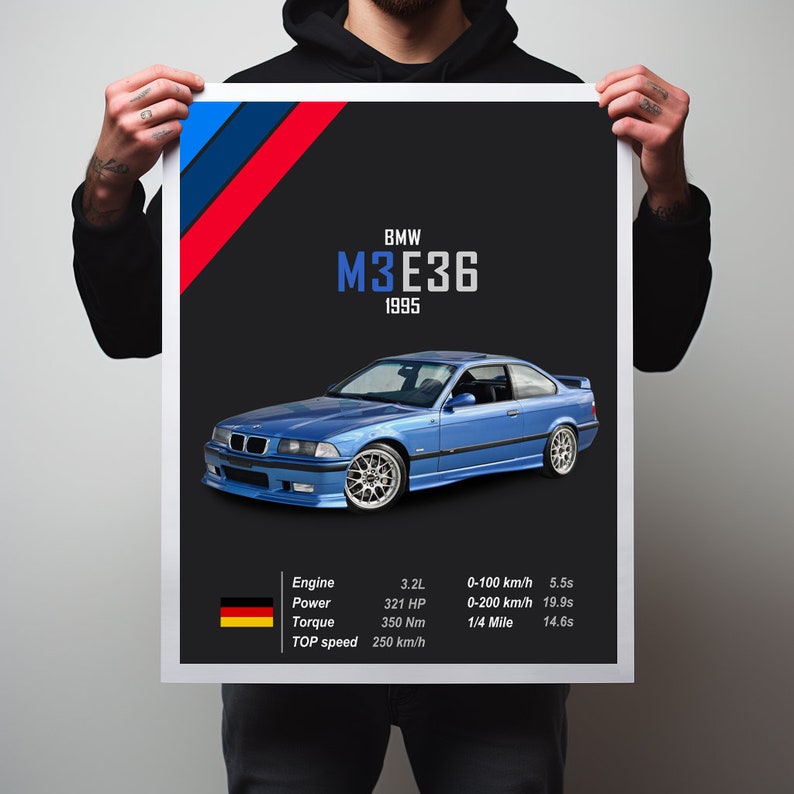 Blue BMW M3 E36 Poster, M3 Poster, Set of 2, Dark and Light Theme ...