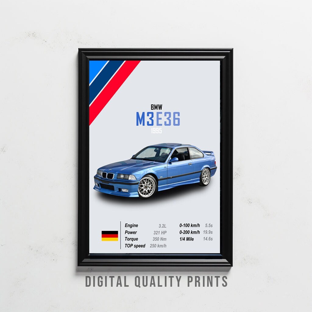Blue BMW M3 E36 Poster, M3 Poster, Set of 2, Dark and Light Theme ...