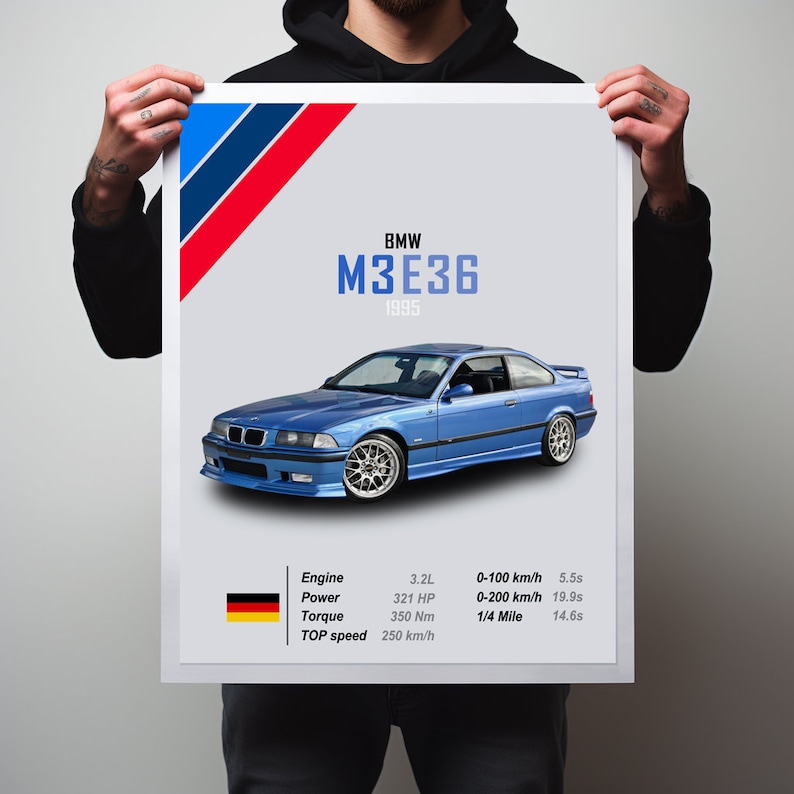 Blue BMW M3 E36 Poster, M3 Poster, Set of 2, Dark and Light Theme ...
