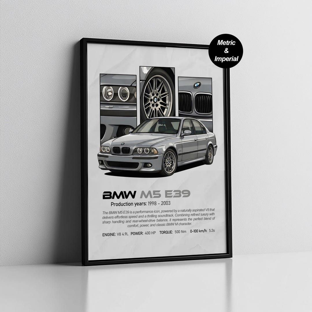 BMW M5 E39 Silver Poster | V8 Performance Sedan Wall Art | Classic BMW ...